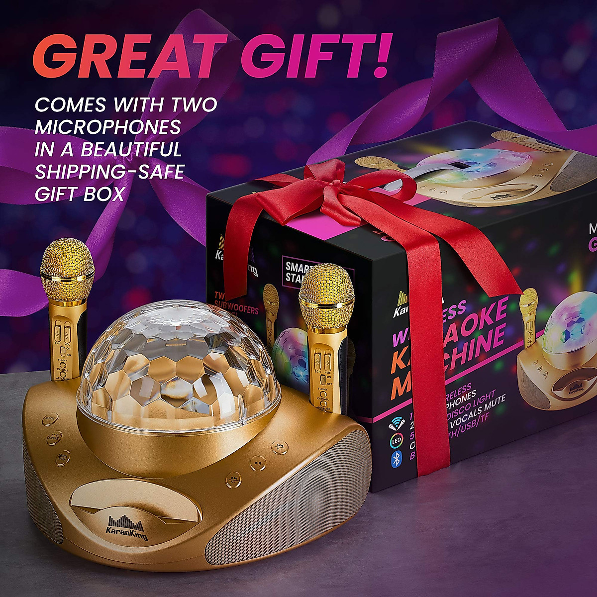 KaraoKing New 2020 Karaoke Machine – for Adults and Kids –2 Wireless Karaoke Microphone, SD Card, USB, Bluetooth Compatible, Lights Function– Home, Bachelor Party, Picnic, Outdoor/Indoor [G308 Gold]