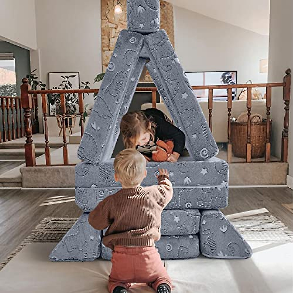 MeMoreCool 10-Piece Kids Couch Sofa, Modular Toddler Couch Glow Sofa for Playroom Bedroom, Fold Out Couch Play Couch for Kid Girl Boy, Kids Convertible Sofa Sectional Foam Playset Couch Set, Dino