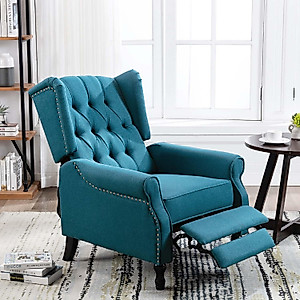Altrobene Pushback Recliner Chair, Modern Accent Arm Chair, Fabric Wingback Chair for Living Room Bedroom, Blue