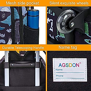 gxtvo Kids Rolling Backpack, Roller Wheels Boys Bookbag - Wheeled Suitcase Elementary School Bag - 3PCS Dinosaur