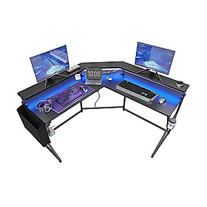 Fangflower L Shaped Computer LED Lights and Power Outlets, 51" Monitor Stand, Cup Holder, Corner Gaming Desk with Hooks for Home Office, Black