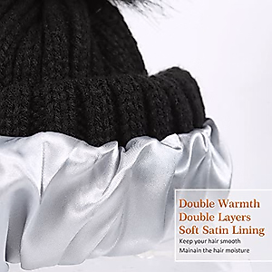 Muryobao Womens Winter Beanie Hat Warm Silk Satin Lined Cuffed Cable Knit Hat with Detachable Pom Ski Skull Cap Black