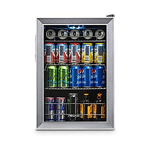 NewAir Beverage Refrigerator Cooler with 90 Can Capacity - Mini Bar Beer Fridge with Right Hinge Glass Door - Cools to 34F - AB-850 - Stainless Steel (Renewed)