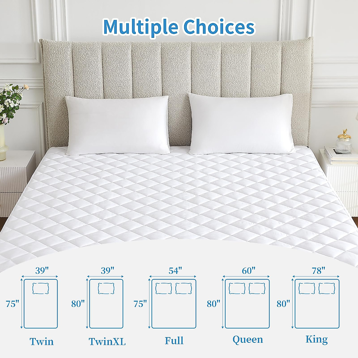 Yinlnpaul Queen Quilted Fitted Mattress Pad Breathable Mattress Protector Queen Size Machine Washable Mattress Cover Soft Mattress Topper with Deep Pocket Fitted 21 Inches (Queen,White)