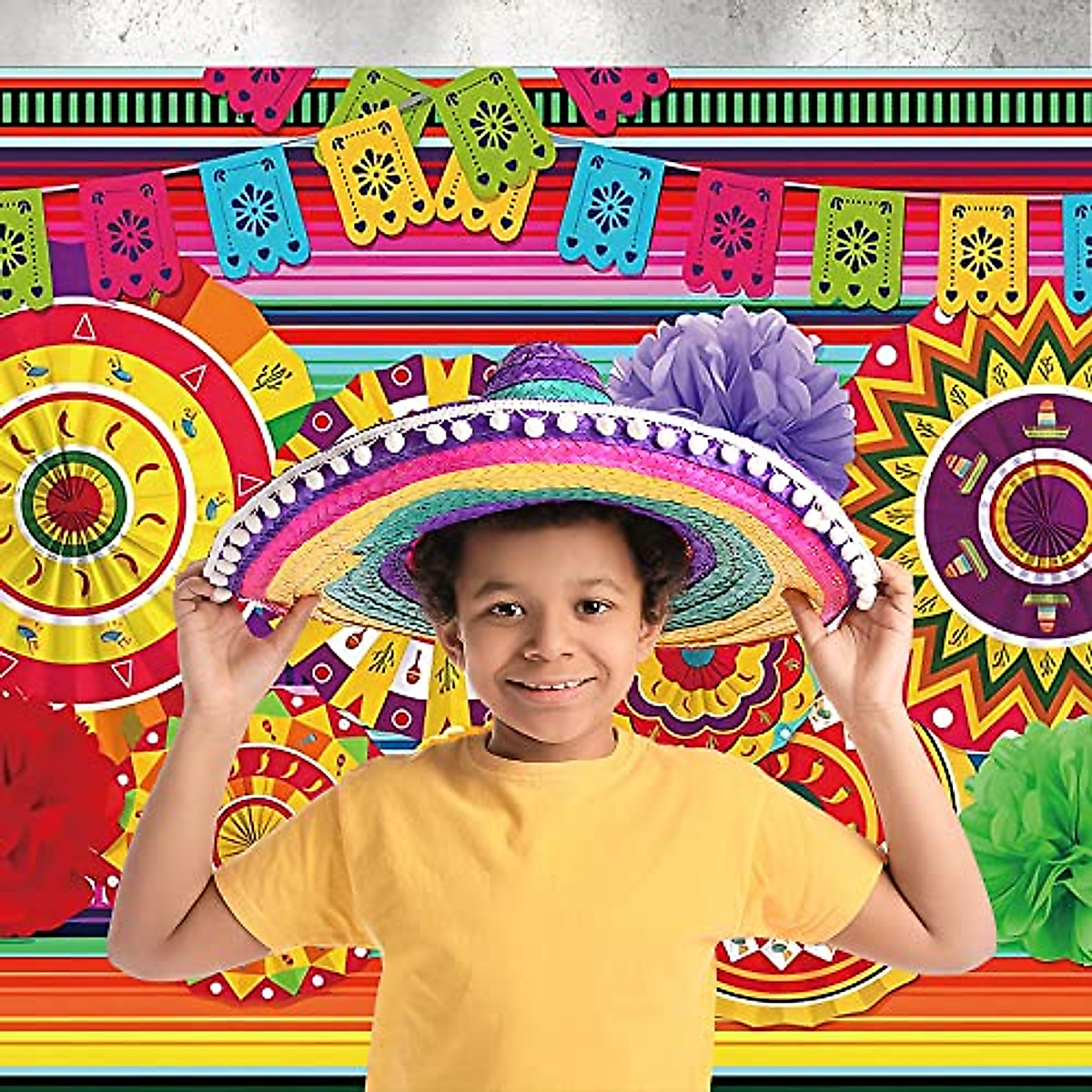 MAQTT Mexican Fiesta Backdrop for Party Decoration Coloful Horizontal Stripes Flags and Fiesta Paper Fans Photography Background for Weding or Baby Shower Supplies 7x5ft