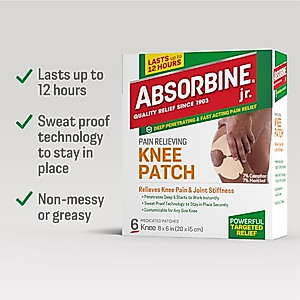 Absorbine Jr. Knee Pain Relief Patches, Fast Acting Pain Patch with Menthol for Knee Pain, Muscle Cramps and Joint Pain, 12 Hours of Long Lasting Relief with Sweat Proof Technology, 6 Count