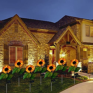 BLUEGUAN 4 Packs Solar Garden Lights, Solar Lights Outdoor Waterproof, Automatic Charging Sunflower Solar Flower Lights, Garden Solar Lights Decorative for Courtyards, Backyards and Lawn