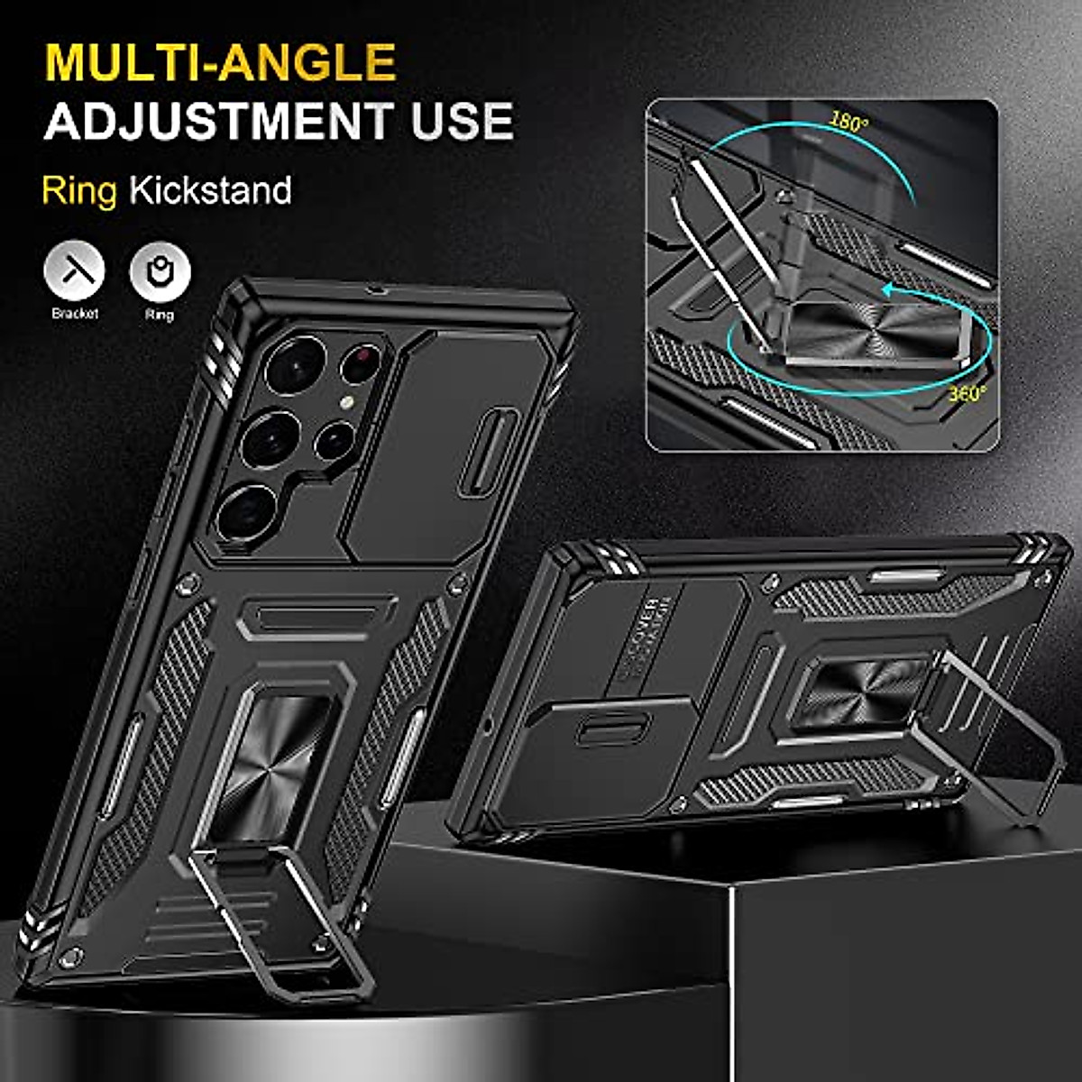 LKPINGAN for Samsung Galaxy S22 Ultra 5G Case with Slide Camera Cover &360 Degree Rotating Ring Kickstand, Military Grade Drop Protection Rugged Shockproof Case for Galaxy S22 Ultra 6.8 Inch Black