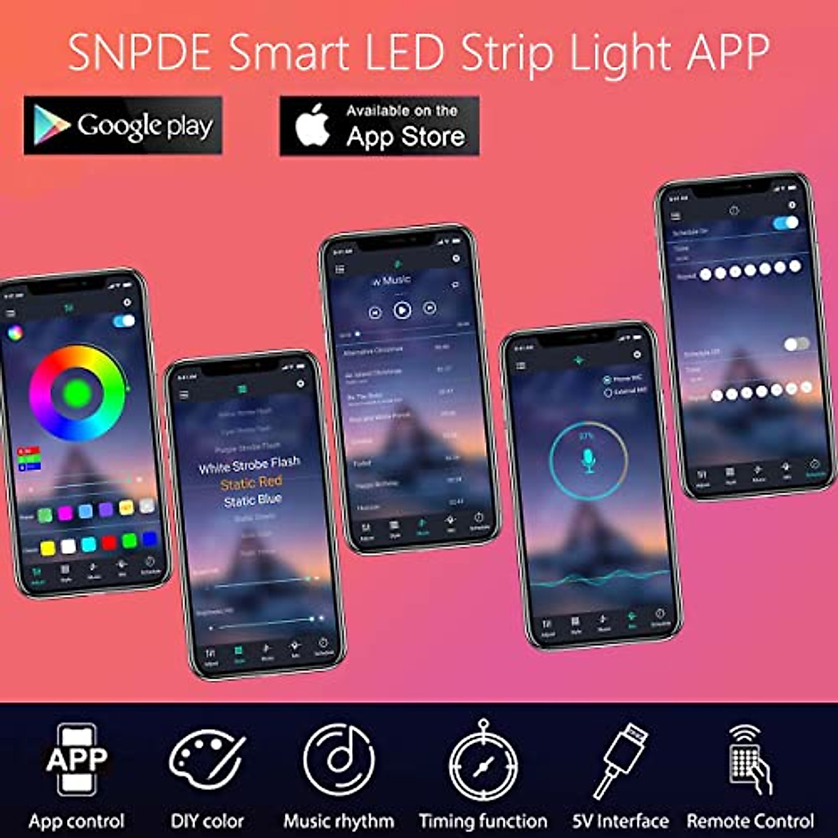 SNPDE LED Strip Lights for TV, USB TV Backlight Kit with Remote, APP Control Sync to Music, 5050 RGB LED Bias Lighting for HDTV, PC and Mirror (6.56ft for 40"-60" TV)