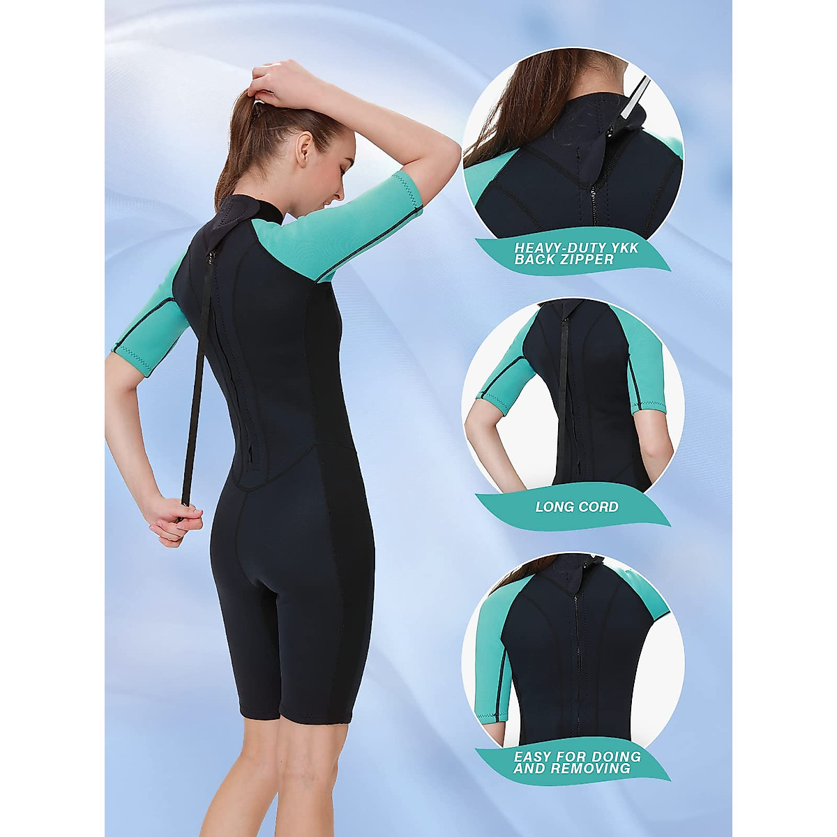FLEXEL Wetsuit Shorty Women, 2mm Neoprene Short Sleeve Diving Suit Back Zip Keep Warm 1.5mm Female Shorties Wet Suits for Snorkeling Surfing Paddle Boarding (Blue 2mm, Large)