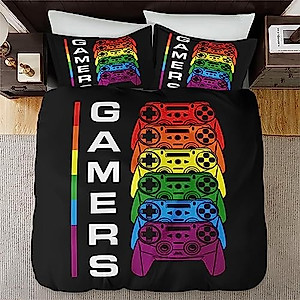 Duvet Cover Full Size, Gamepad Gamer Vintage Red Bedding Set with Zipper Closure for Kids and Adults, Game College Gaming Comforter Cover with 2 Pillow Shams for Bedroom Bed Decor