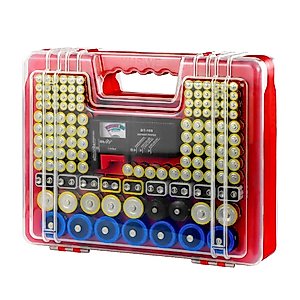 X-Value 230+ Battery Storage Organizer AA AAA C D 9V Waterproof Battery Holder Case with Tester (Red)
