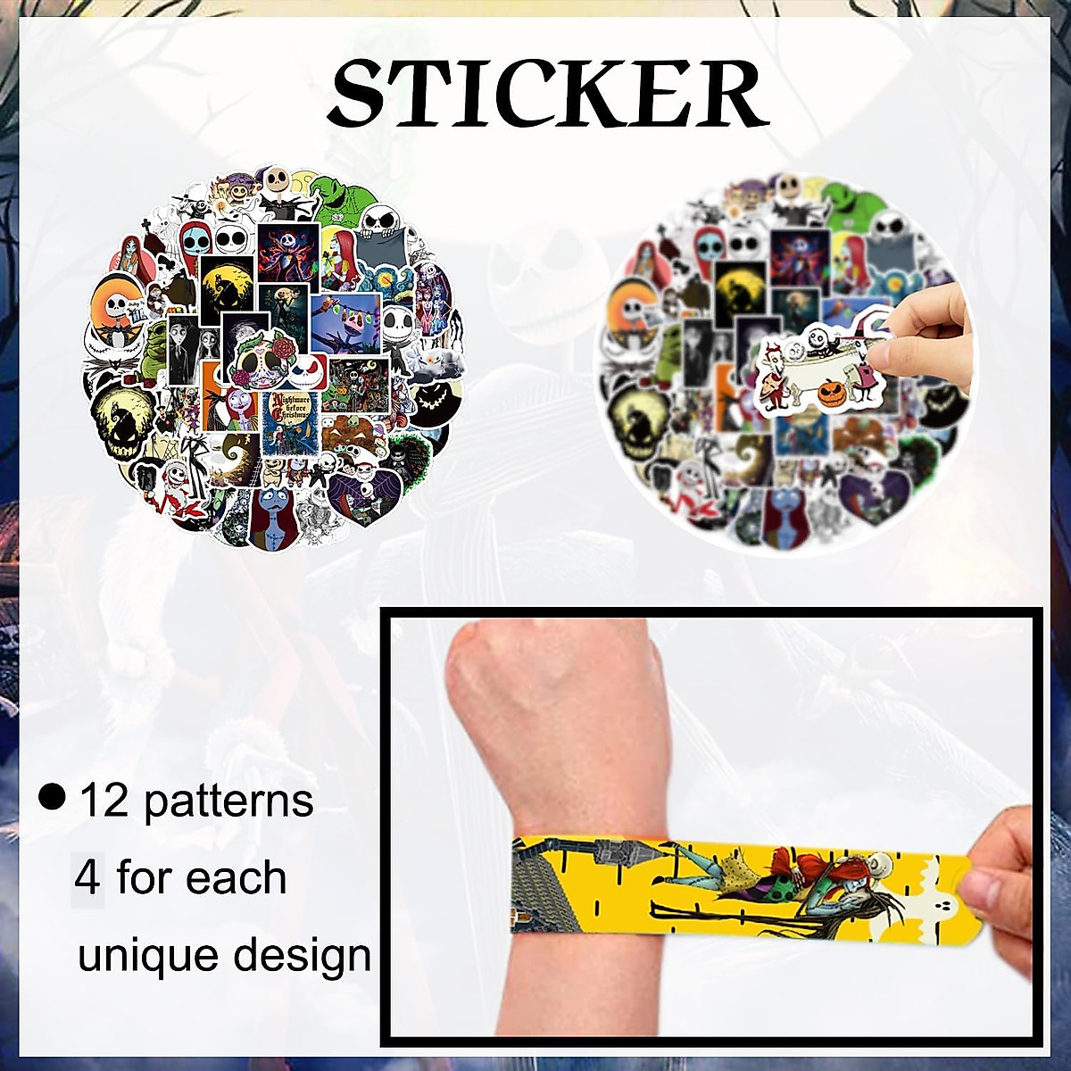 QWAERPLPN 48PCS Nightmare Before Christmas Slap Bracelet and 50PCS Nightmare Party Stickers for Kids Baby - The Nightmare Before Christmass Birthday Party Supplies Favors Children/Kids/Adults (98PCS)