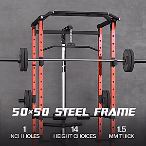 Mappding 1500 LBS Power Cage, Squat Rack for Home Gym with LAT Pullup System with 3 Grip Variations, Leg Hold-Down Attachment, Weight Cage with More Training Attachment for Garage Workout, Q2 Red