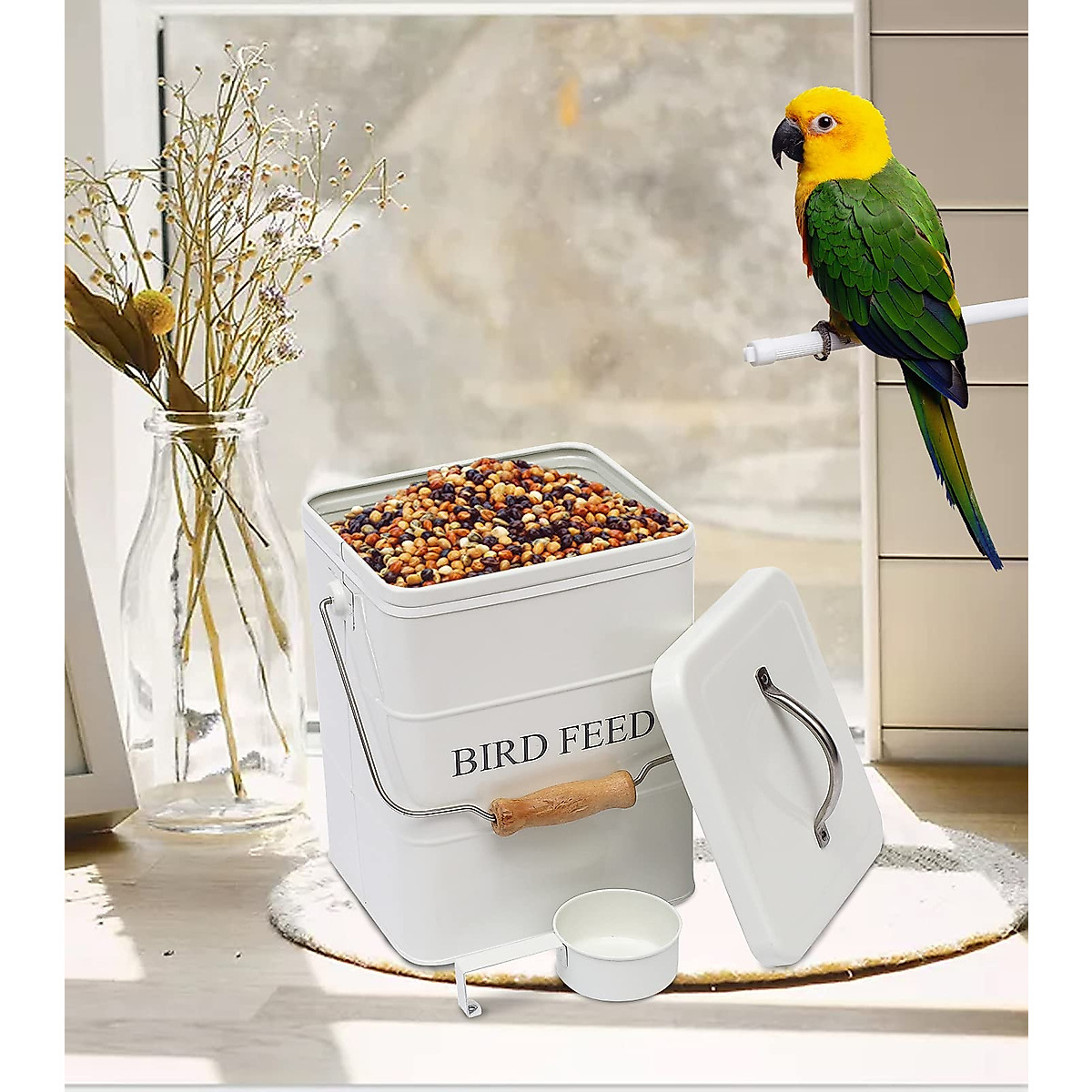 Morezi Bird Seed and Feed Storage tin with lid Included - White-Coated Carbon Steel - Tight Fitting lids - Storage Canister tins - White
