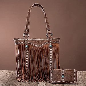 Montana West Embroidered Fringe Collection Vegan Leather Tote for Women Large Fashion Shoulder Bag with Wallet MW1149G-8113BR+W
