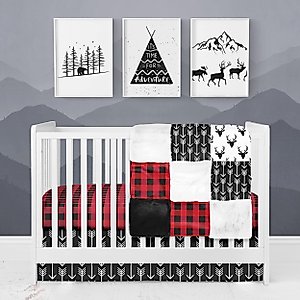 JLIKA Crib Bedding Sets for Boys - 3 Piece Woodland Set for Baby boy Rustic Nursery Decor | Quilt Blanket, Crib Sheet, Skirt - Deer Antler, Arrow Buffalo Plaid (Woodland Deer) (Red Buffalo Plaid)