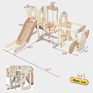 Merax 5-in-1 Kids Slide with Swing, Indoor Baby Slide Swing Set with Basketball Hoop, Climber & Bus Playhouse, Outdoor Slide Playset for Toddlers Age 1+ (Bus Swing & Slide Beige)