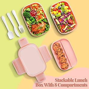 MKAVOE Bento Box Adult Lunch Box, All-in-One Stackable Bento Lunch Containers, 8 Compartments Design Bento Lunch Box for Adults/Kids with Utensil Set, Leakproof Bento Boxes for Work, Picnic, School