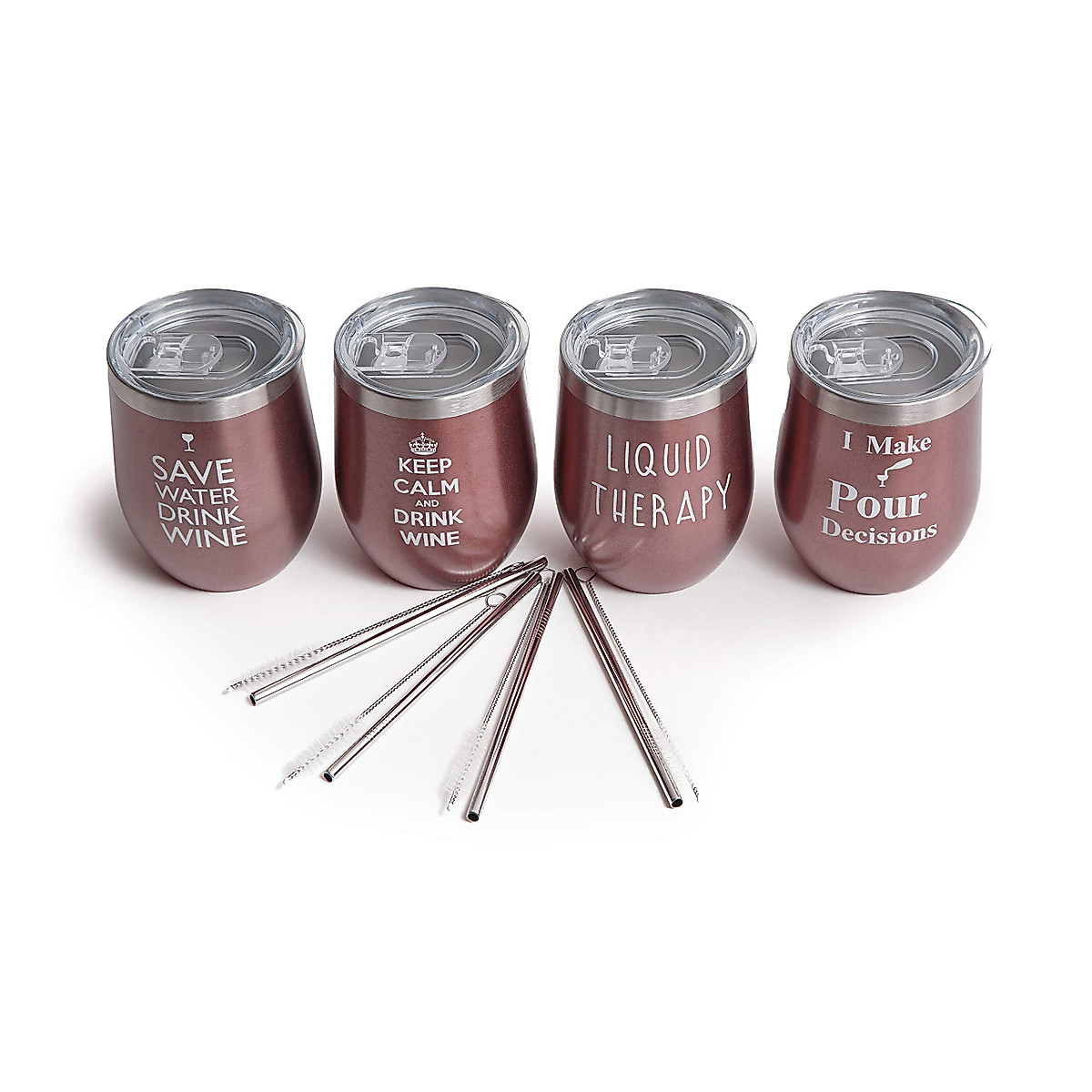 VINOVITA Funny Wine Glasses (Set of 4) with Straws and Brushes – Double-Wall Insulated Stainless Steel Tumbler – Great Gift for Birthday, Mother’s Day, Anniversary – 12 oz