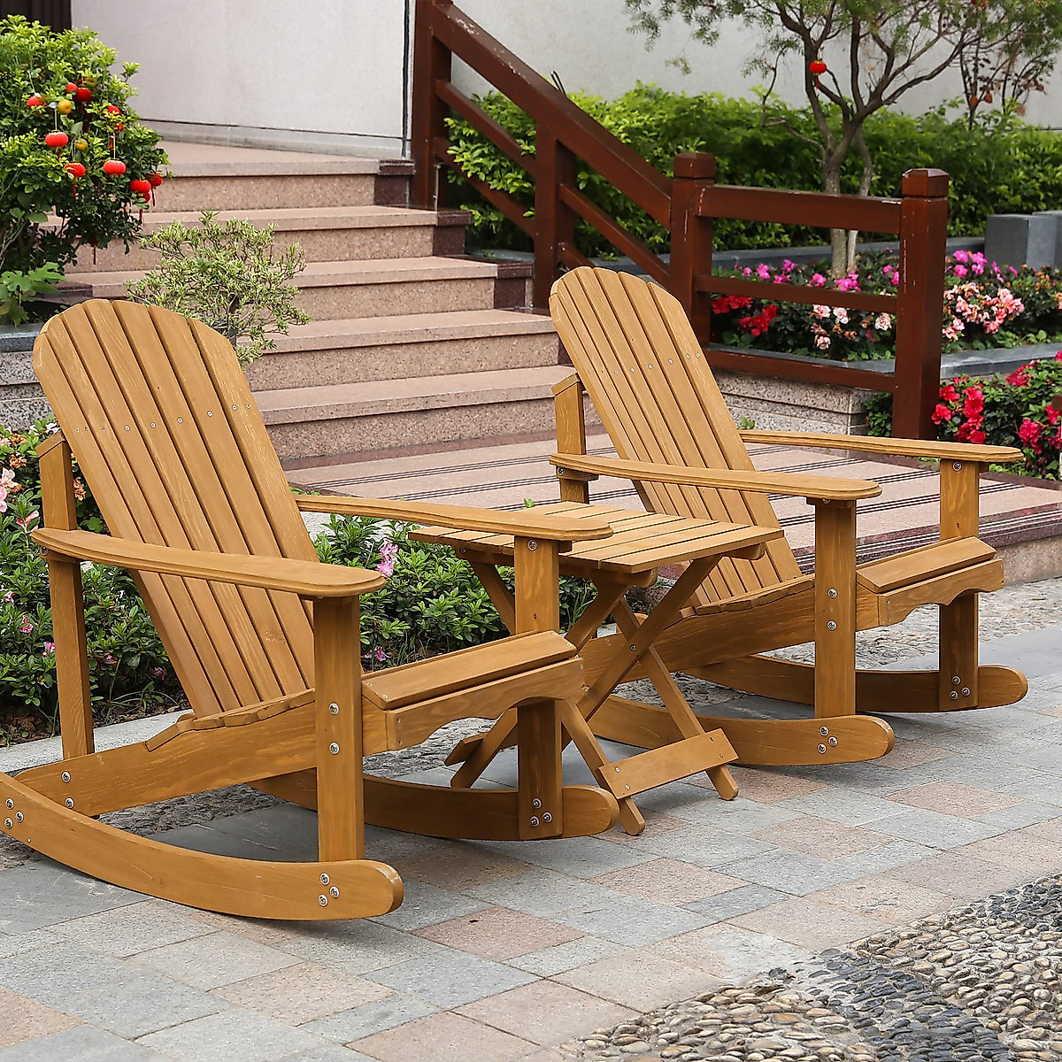 LuxenHome Rocking Chair Outdoor, Rocking Adirondack Chair, Canadian Hemlock Wood Adirondack Chairs, Patio Outdoor Rocking Chairs, Lounge Chairs for Outside, Brown Finish Lawn Chairs