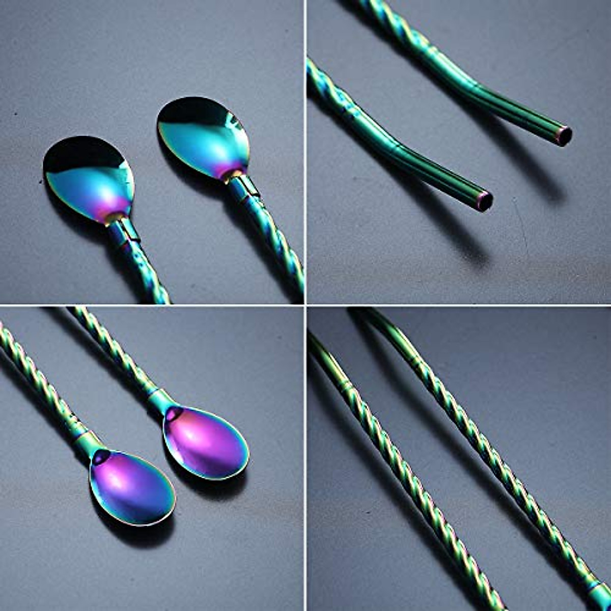 HOMQUEN Rainbow Iced Tea Spoon with Straw Handle for Drinking, 4 Pieces 8.7" Stainless Steel Titanium Rainbow Plating Long Handle Bar Spoon Silverware for Mixing and Stirring