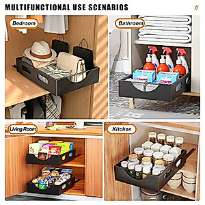 caktraie Pull Out Cabinet Organizer Fixed with Adhesive, Slide Out Drawer Storage Shelves - 10.8" W x 15.15" D Heavy Duty Pull Out Drawers for Kitchen Cabinets, Living Room, Home - Black