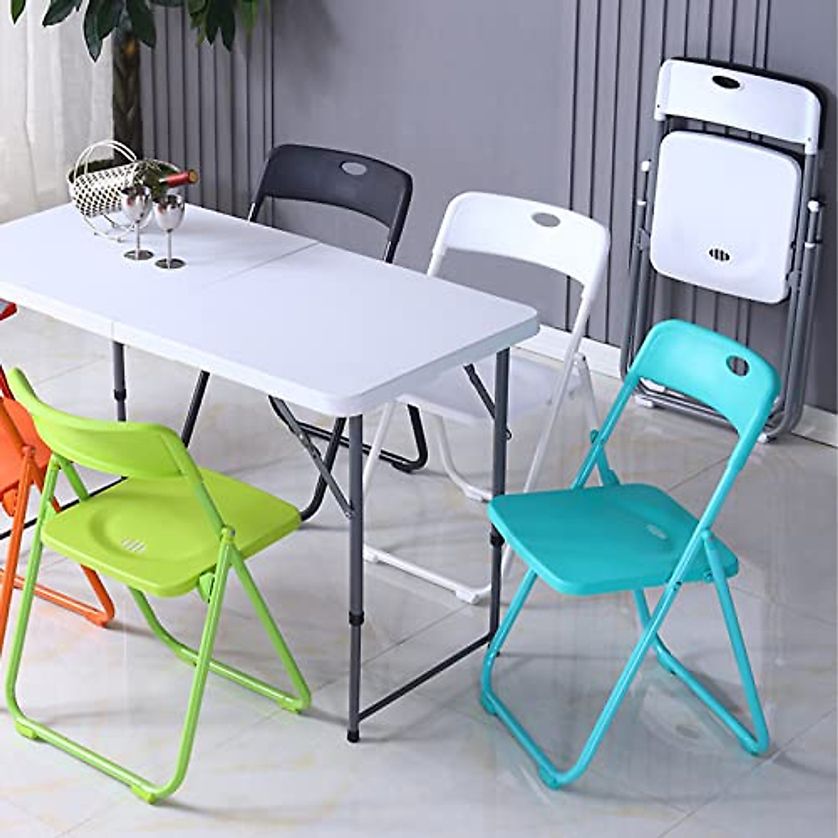 SKOK Folding Table 4 Foot Adjustable Height, Plastic Foldable Table Portable with Carry Handle, Utility Commercial Craft Card Table with Heavy Duty Frame for Picnic, Dining and Events, White