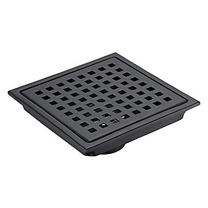BIHAI 6 Inch Square Shower Drain with Flange, 15cm Matt Black Bathroom Floor Drain, Quadrato Pattern Grate Removable Cover, Bath Drain, Wall Drain, Stainless Steel Drain (Mat Black)