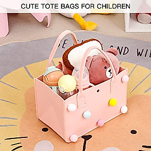 Yesesion 2 Pack Felt Storage Basket with Handle,Collapsible Baby Diaper Caddy Organizer, Portable Nursery Storage Bin for Bottles, Closet, Toys, Cute Tote Bags for Kids/Women (Medium-Pink/Yellow)