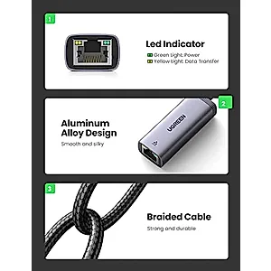 UGREEN USB to Ethernet Adapter USB 3.0 to 10 100 1000 Mbps Gigabit LAN Network Adapter RJ45 Internet Adapter Compatible with Nintendo Switch Laptop PC MacBook Surface XPS Raspberry Pi 4b, and More