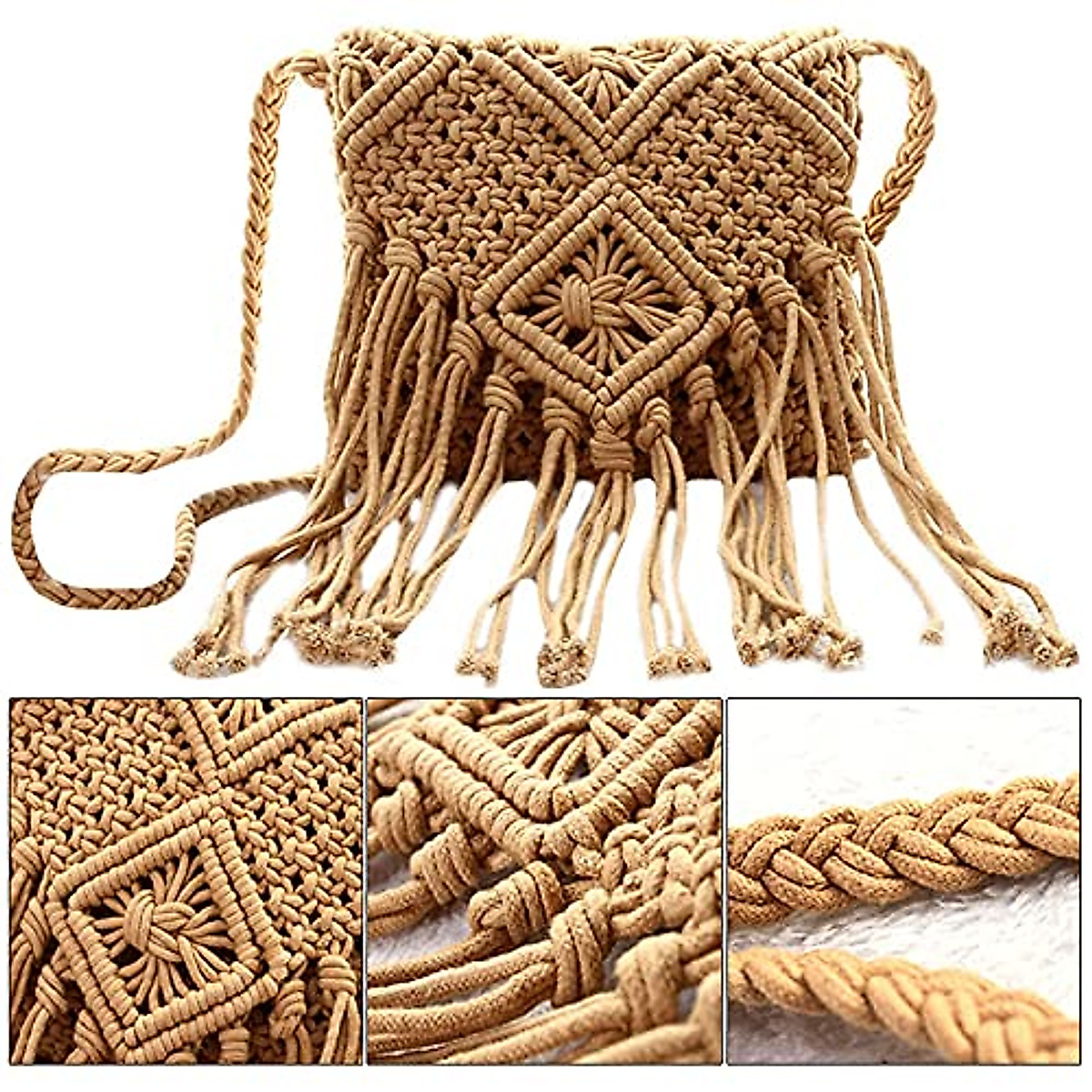 Monique Women Retro Fringed Cotton Crochet Cross-body Bag Small Messenger Bag Bohemian Summer Beach Tassel Shoulder Bag Purse Brown