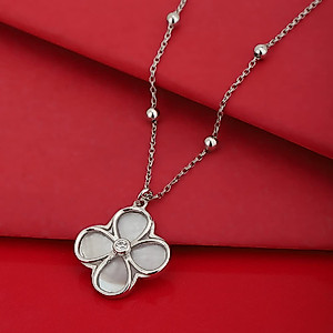 Vanbelle Sterling Silver Jewelry Four-Leaf Clover Pendant Necklace with Cultured Mother-of-Pearl in Beaded Chain and Rhodium Plated for Women
