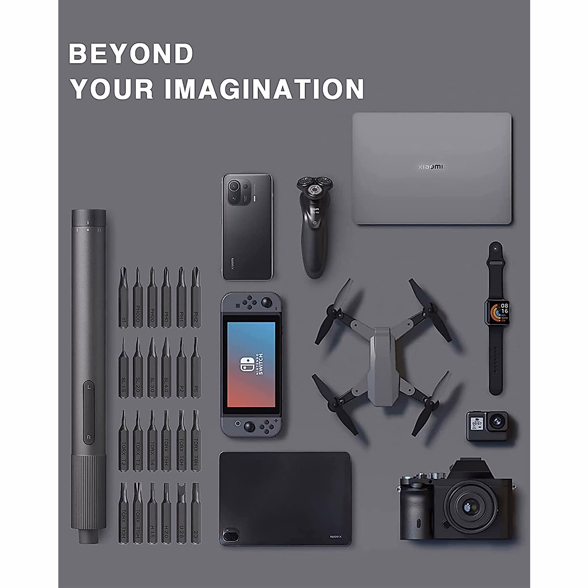 Mini Electric Precision Screwdriver,Powerful Magnetic Motor, High Strength S2 Steel Screwdriving Bits,Long Time Working Rechargeable Lithium Battery, LED Lights,Perfect for Phones PC Laptops,Grey