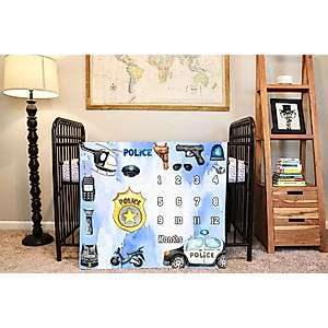 LUCKBTY Month Baby Milestone Blanket for Boy or Girl, Personalized Newborn Monthly Blanket for Pictures | Gun Police Theme Photography Blanket 48"x40" BTQQLU6