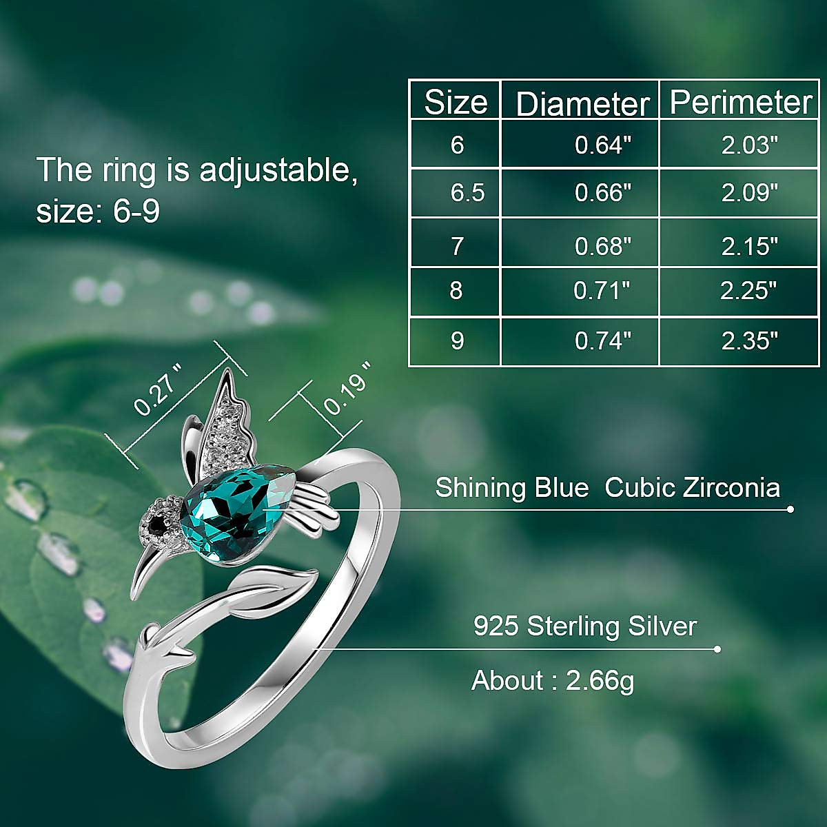Jewever 925 Sterling Silver Hummingbird ring with Blue Cubic Zirconia for Women Jewelry Gift Silvery Adjustable 6-9#