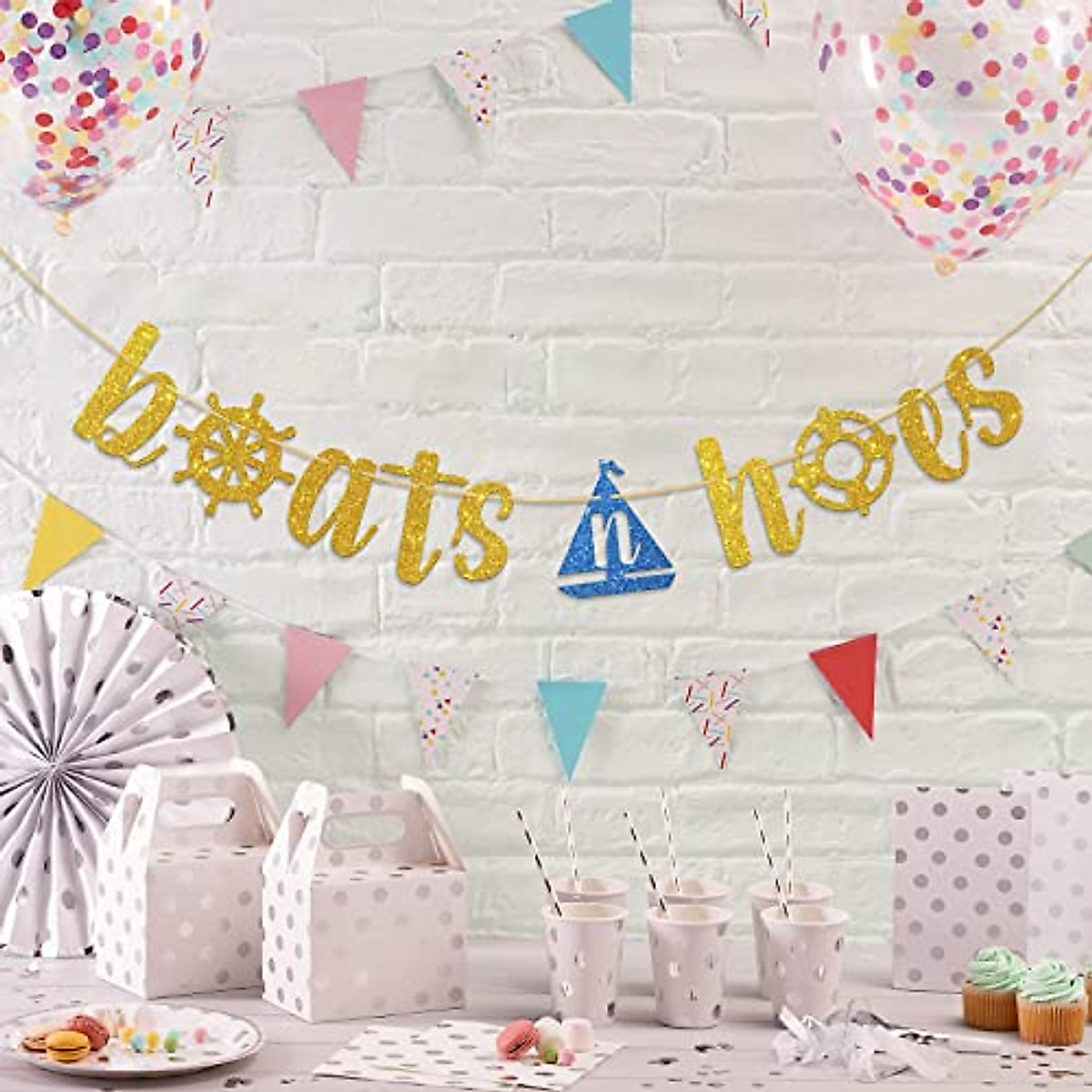 Dalaber Gold Glitter Boats N Hoes Banner - Funny Nautical Theme Birthday Decoration - Cruise Theme Wedding/Engagement/Bridal Shower/Bachelorette Party Decor Banner Photo Booth Prop
