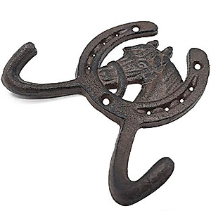 TIHOOD 2PCS Cast Iron Rustic Ranch Horse Head 2 Hook Coat Hooks Rack Towel Horseshoe Hook, Coat Hook,Hat Hook Wall Mounted,Wall Hook,Coat Hanger,Hooks