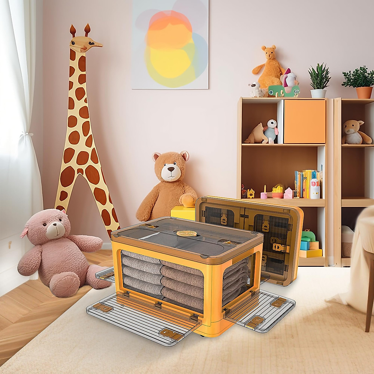 Aimondow 2 Pack Plastic 4 Doors Collapsible Storage Bins with Lid & Wheels, 28 Liters Folding Storage Bins, Stackable Multifunctional Box for Camping Clothes Snack Storage