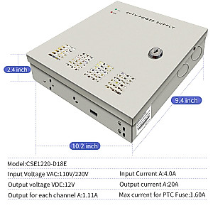 18 Channel 20 Amp Power Supply Box for Security Camera 12V DC AC Plug and Lock for DVRs, IP Cameras, CCTV Camera