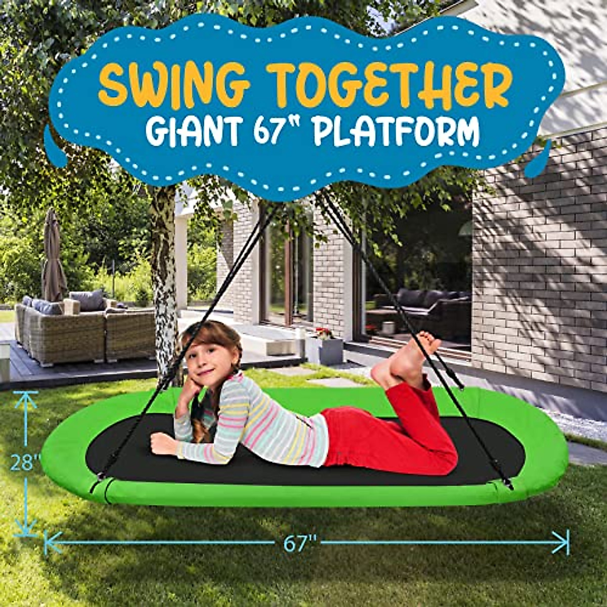 SereneLife Outdoor Spinner Saucer Tree Swing-Hanging Tree Oval Shaped Flying Saucer w/Rope Straps,Cushion Padded Metal Frame,Polyester Fabric Seat,for Kids & Adult-SereneLife SLSOVSWNG55GR (Green)