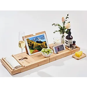 Bamboo Bath Tray, Expandable Bath Caddy with Wine and Book Holder-Headley Tools Bathtub Caddy for Luxury Bath, Adjustable Bath Caddy Tray for Bathtub-Great Gift for Women/Men (Wood Color)