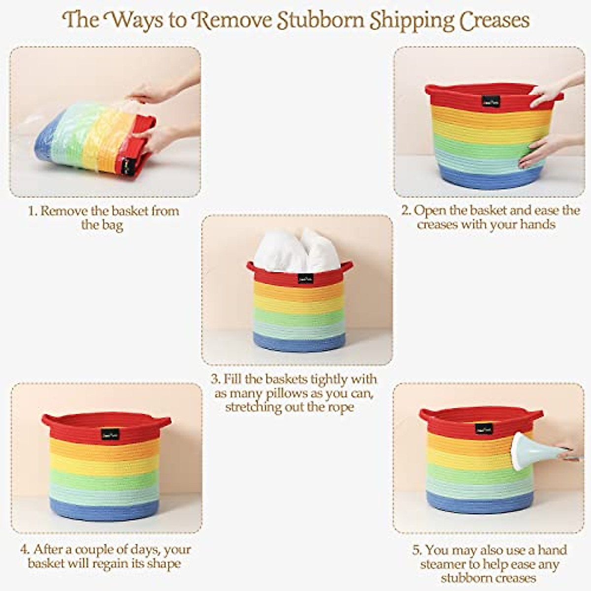 Zooawa Rainbow Storage Cotton Rope Baskets for Baby Room|Rainbow Baskets for Classroom | Baby Laundry Basket for Nursery Storage|Toy Baskets Organizer for Baby Rainbow Nursery Decor,14" x 12"