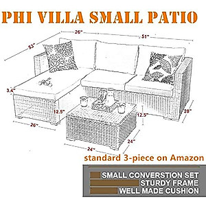PHI VILLA 77" Wide Outdoor Rattan Sectional Sofa with Cushions - Small Patio Wicker Furniture Set (3 - Person Seating Group, Blue)