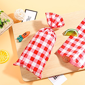 100 Pieces Red Plaid Cellophane Bags Red White Checkered Plastic Treat Bags Gingham Gift Goody Bags Checkered Picnic Barbecue Bags with Twist Ties for Christmas Birthday Party Bakery Candy Chocolate