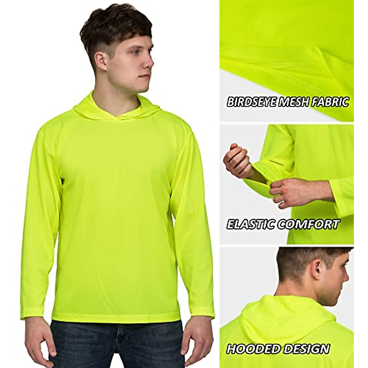 ProtectX 2-Pack Men High Visibility Lightweight Long Sleeve Hoodie, UPF 50+ Sun Protection T Shirts, SPF Outdoor UV Shirt, Neon Green - Medium