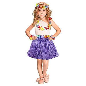 Fortuning's JDS Girl's elastic Hawaiian hula dancer grass skirt with flower costume set -purple Birthday Tropical Party Decorations