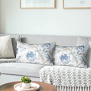 Snycler Chinoiserie Pillow Covers Set of 2 Blue and White Outdoor Pillows Flowers Throw Pillow Covers Cotton Square Cushion Cover Decor for Bedroom Couch Bed Living Room Sofa Chair 12"x20" C12