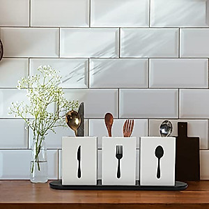 4 Pieces Silverware Caddy Utensil Holder for Countertop Silverware Organizer with Wood Tray Spoon and Fork Holder Cutlery Silverware Holder Utensil Caddy Flatware Organizers for Kitchen (White)