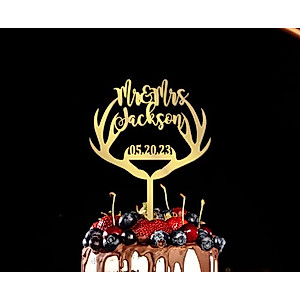 Personalized Antler Wedding Cake Topper, Script Name Wedding Cake Topper, Rustic Wedding Cake Topper, Country Wedding Cake Topper, Personalized deer topper, Stained wood topper for wedding